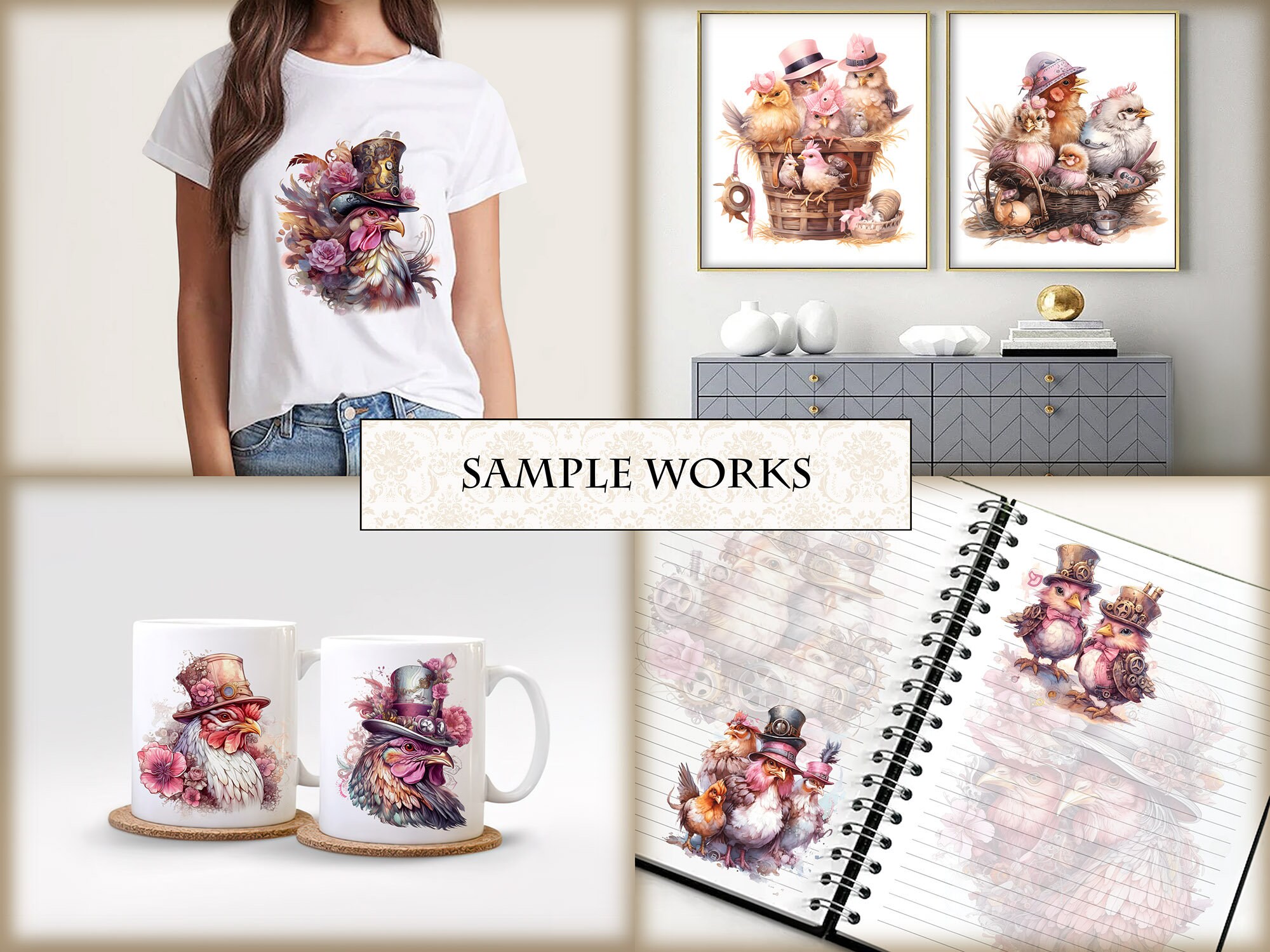 Steampunk Chicken Family Watercolor Clipart Bundle HQ - Etsy