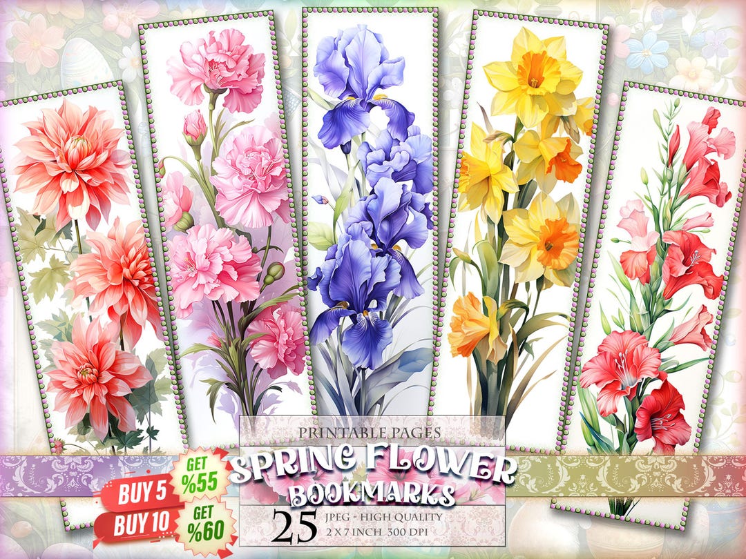 Spring Flower Bookmarks, Watercolor Digital Sheets, 2x6,3 Inch 25 ...