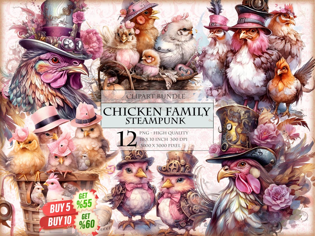 Steampunk Chicken Family, Watercolor Clipart Bundle, 12 HQ Printable ...