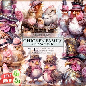 Steampunk Chicken Family, Watercolor Clipart Bundle, 12 HQ Printable ...