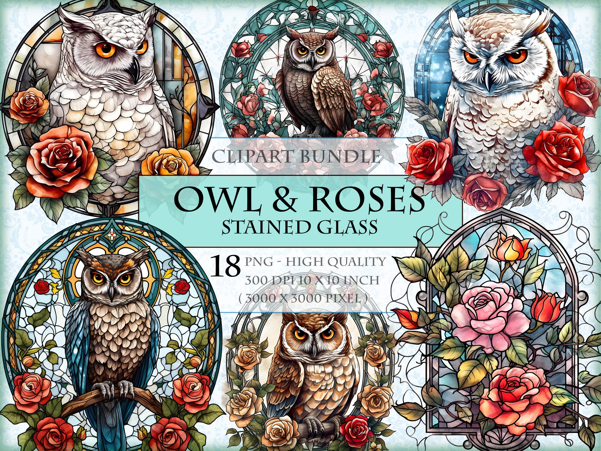 Owl and Roses Stained Glass Watercolor Clipart Bundle HQ - Etsy
