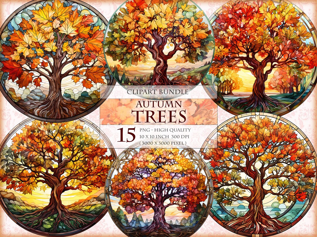 Autumn Sycamore Trees, Stained Glass Watercolor Clipart Bundle HQ ...