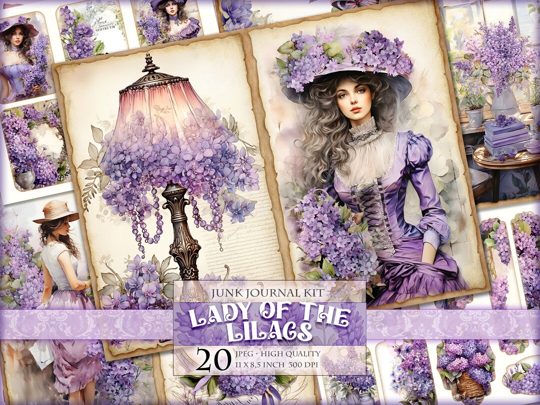 Lady of the Lilacs, Watercolor Floral Junk Journal Kit, 20 JPG 11X8.5 ...