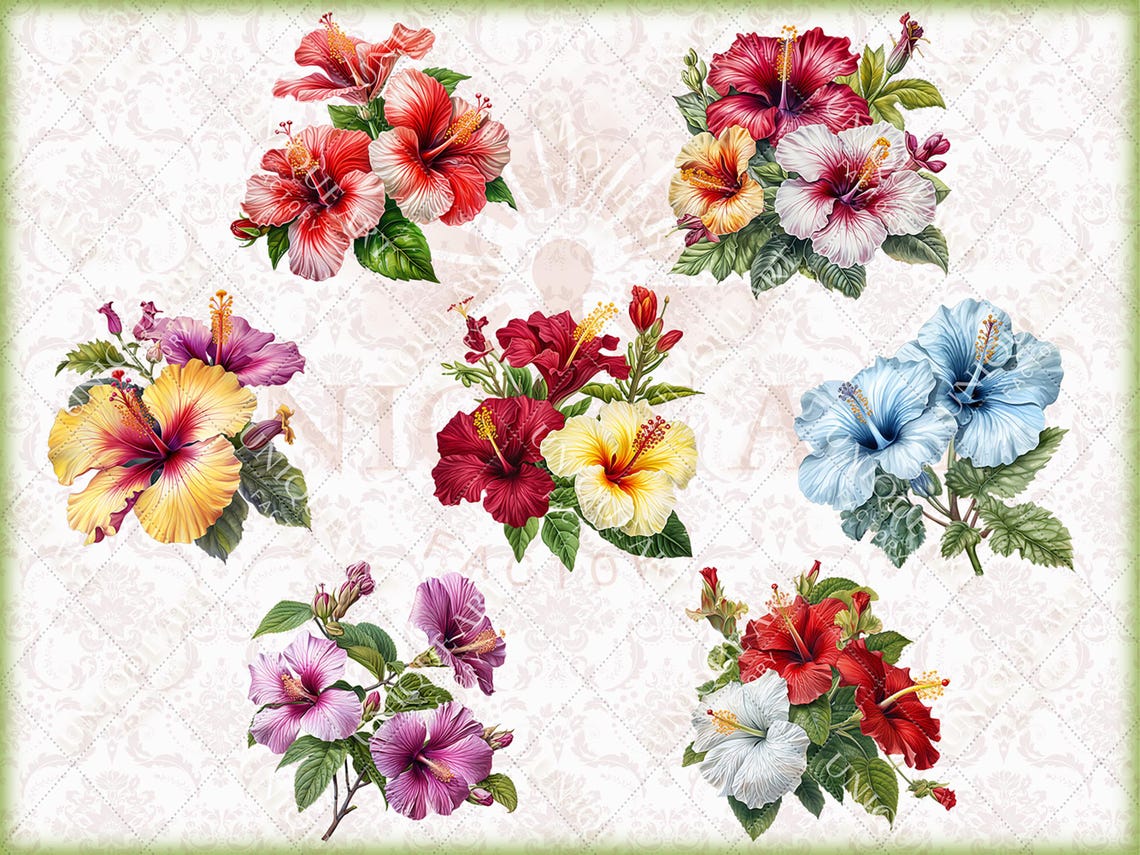 Hibiscus, Tropical Flowers, Watercolor Clipart Bundle, 34 HQ Printable ...