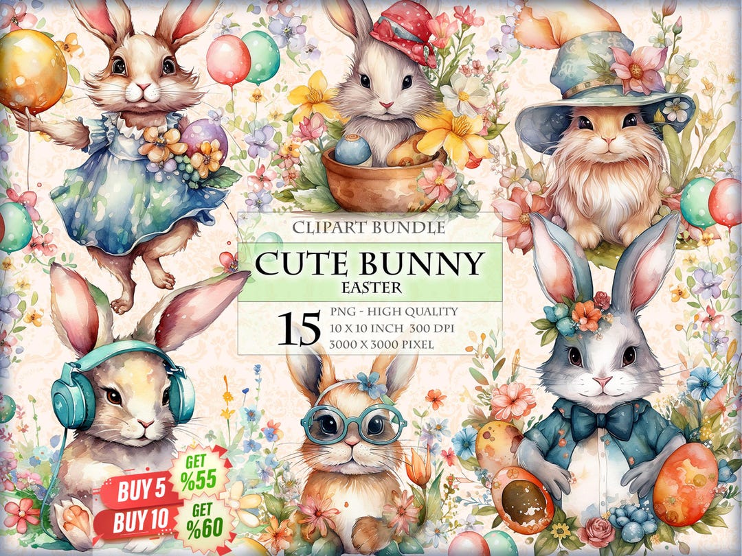 Cute Bunnys Easter, Watercolor Clipart Bundle, Rabbits and Flowers, 15 ...
