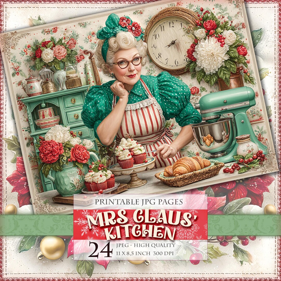 Christmas Mrs Claus' Kitchen, Printable 24 JPG Image, Noel Cozzy Retro ...