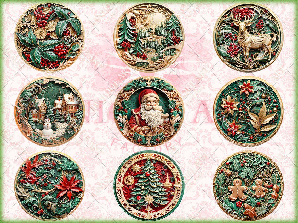 3D Christmas Round Ornaments, Gold-red-green, Round Clipart Bundle, 25 ...