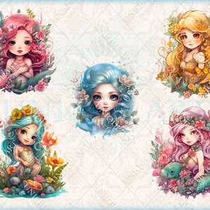 Little Cute Mermaids, Magical Sea Maiden, Princess, Watercolor Clipart ...