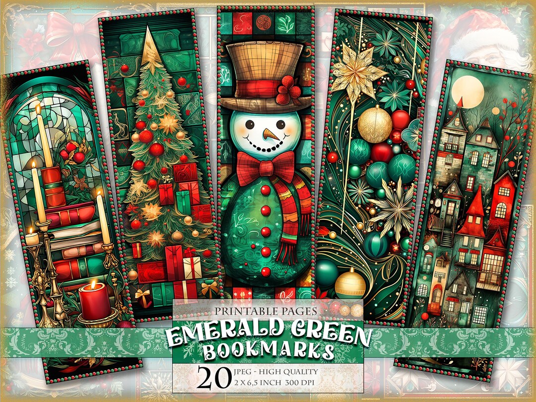 Emerald Green and Red Bookmarks, Vintage Noel, Watercolor Digital ...
