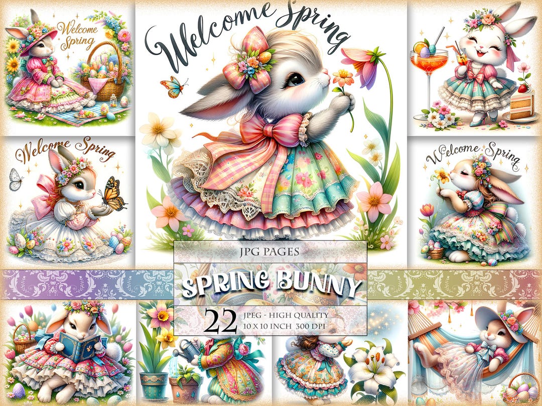 Spring Bunny, Easter Rabbit, Printable Digital Clipart Bundle, 22 HQ ...
