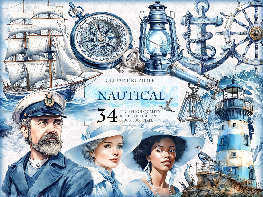Nautical Marine Themed Watercolor Clipart Bundle HQ Printable PNG ...