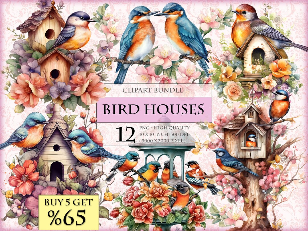 Bird Houses Watercolor Clipart Bundle HQ Printable PNG Format Instant ...