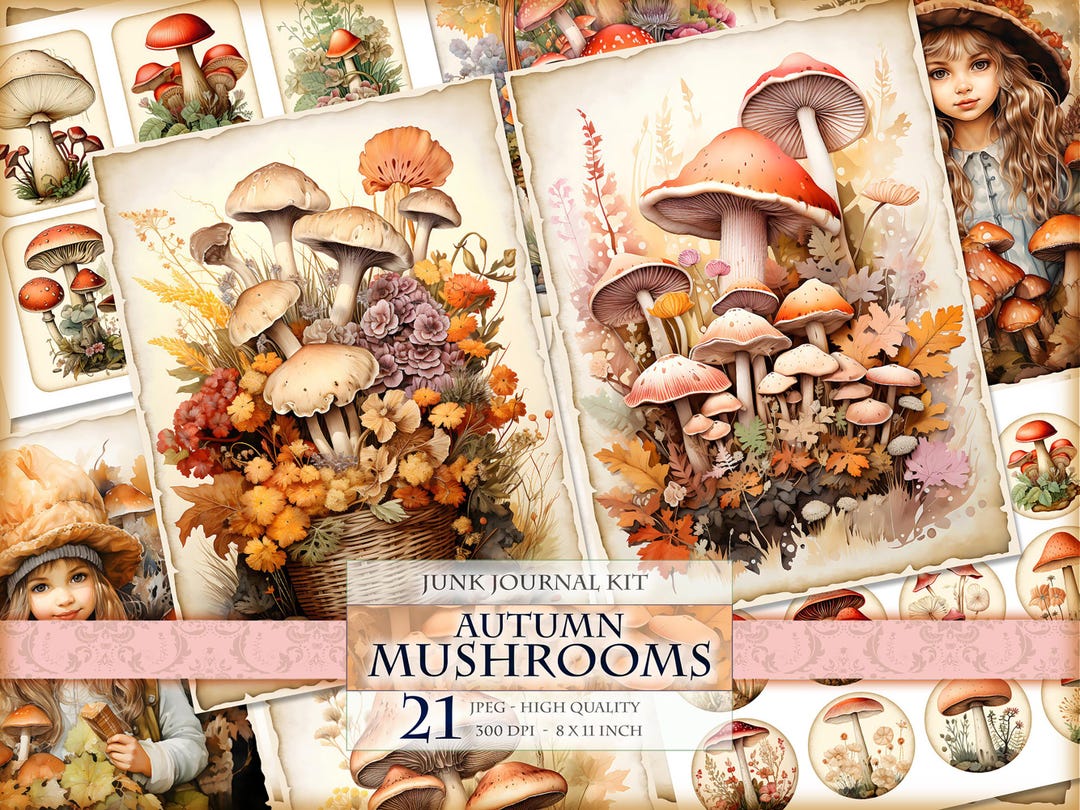 Autumn Mushrooms, Fall Themed Watercolor Junk Journal Kit, 21 JPG ...