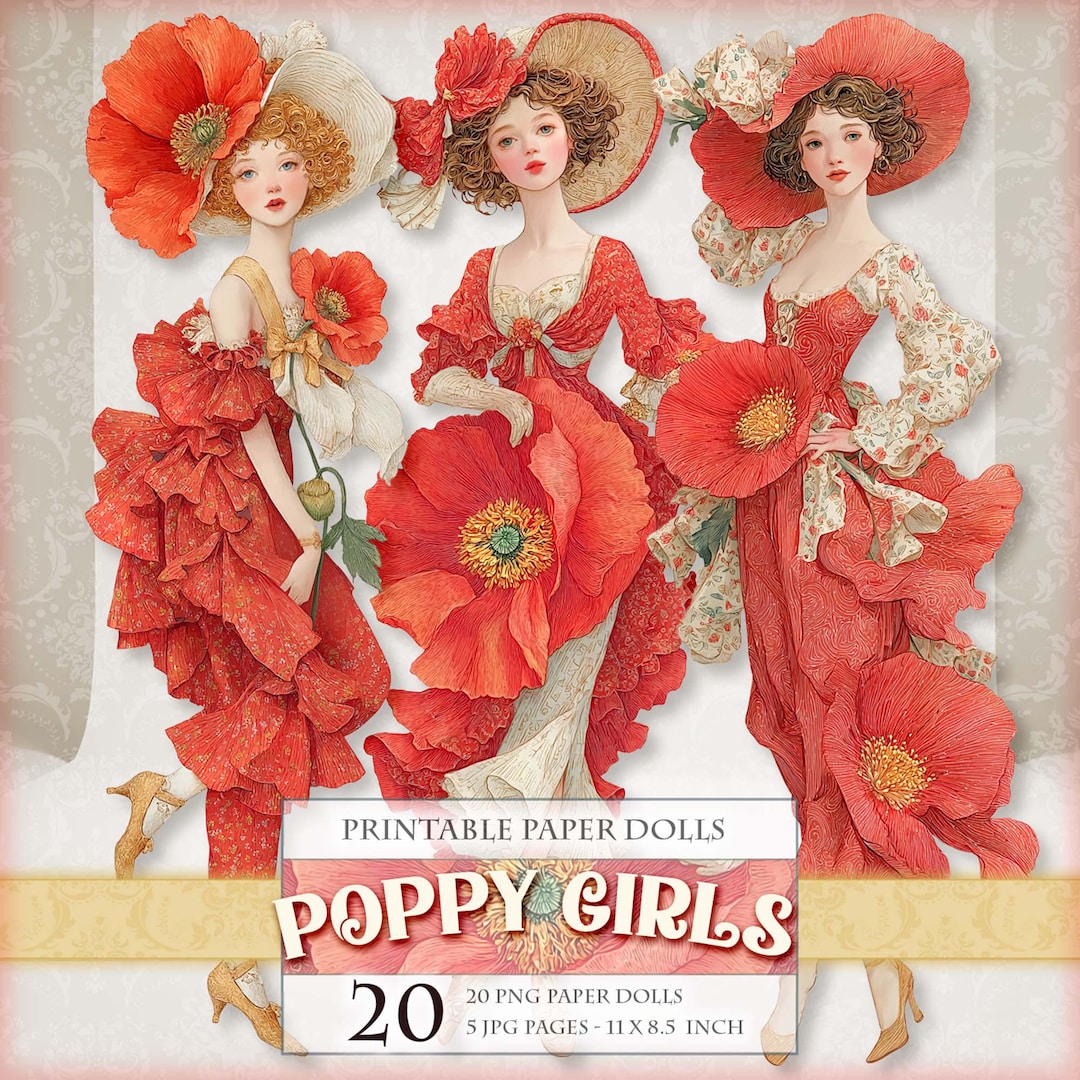 Printable Paper Dolls - Poppy Girls Clipart Set, 20 PNG & 5 Printable ...