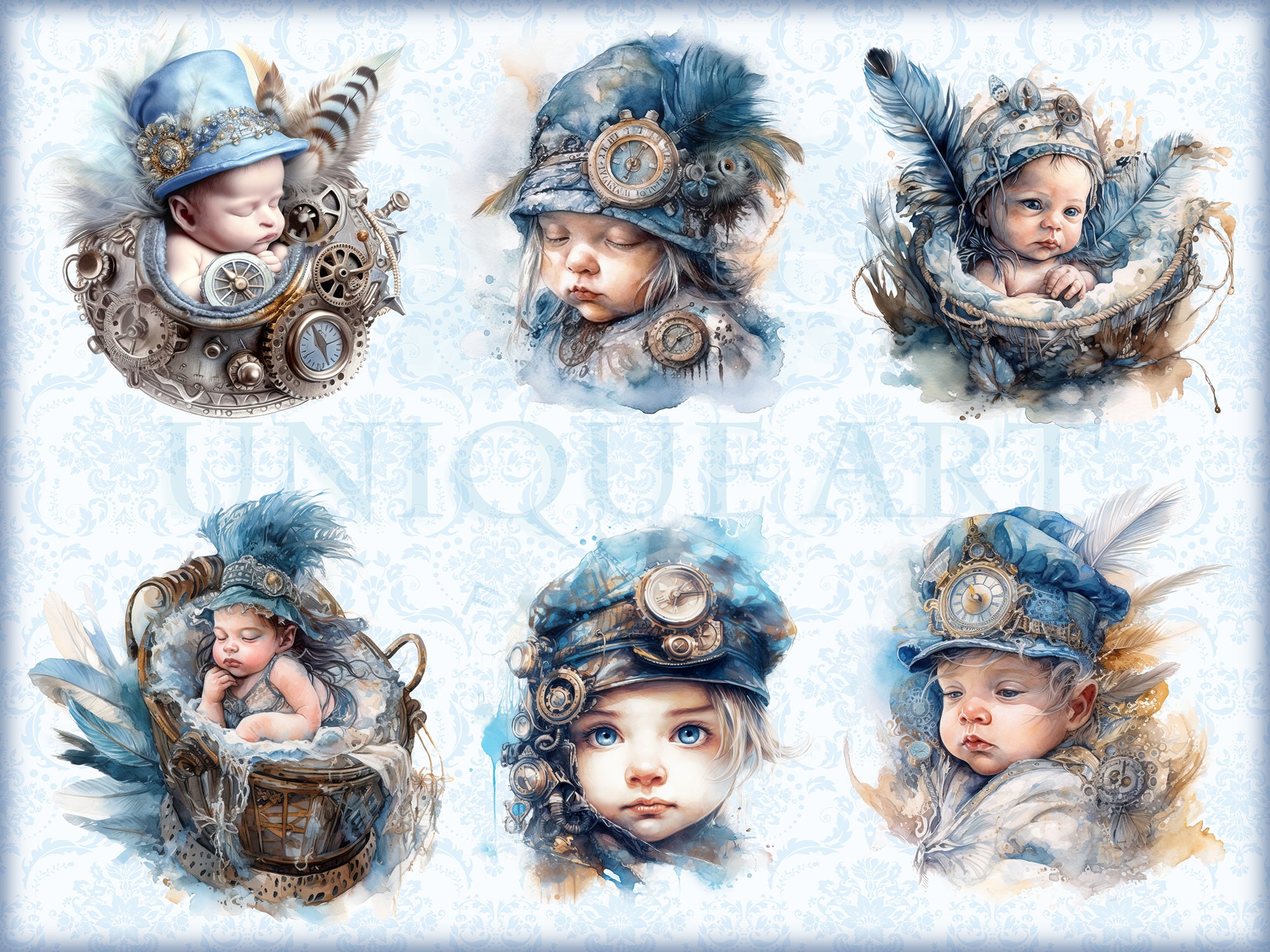 Steampunk Blue Baby and Newborn Watercolor Clipart Bundle - Etsy
