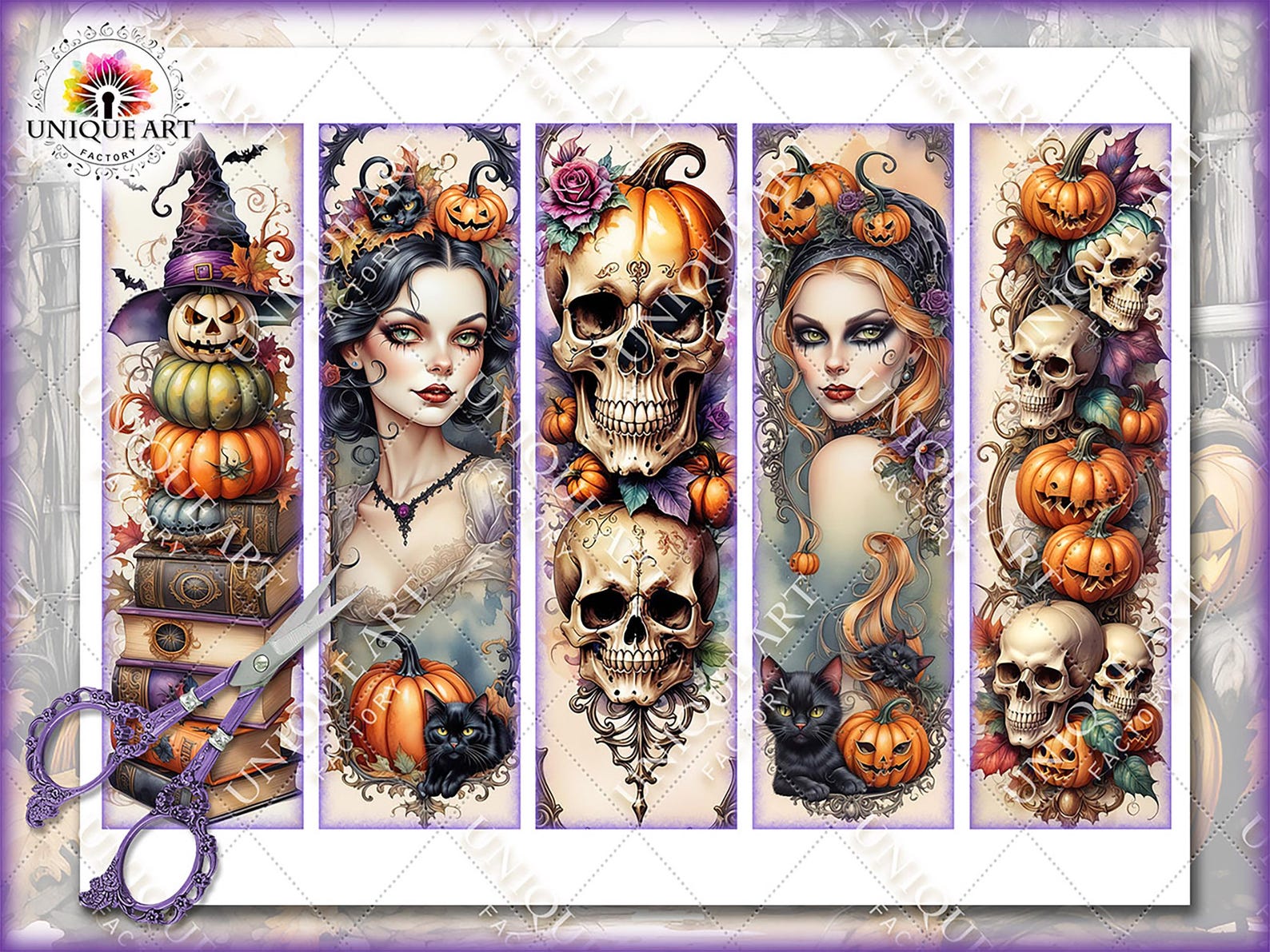 Halloween Witches Bookmarks, Watercolor Digital Image, 2x7 Inch 20 ...