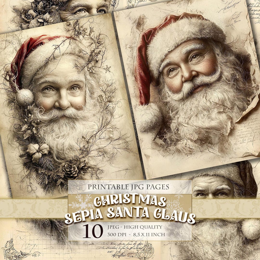 Sepia Santa Claus Portrait, Printable HQ 10 JPG Images 8,5 X 11 Inch ...