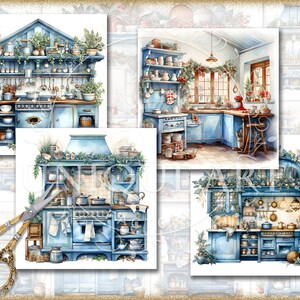 Rustic Blue Kitchens, Watercolor Printable Pages, Digital Collage Sheet ...