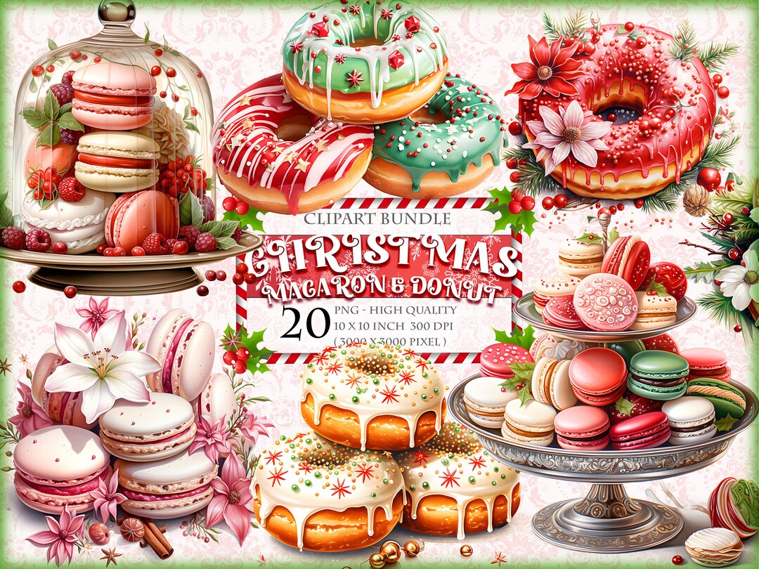 Christmas Macaron and Donut, Noel Holiday Themed Watercolor Clipart ...