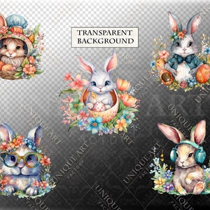 Cute Bunnys Easter, Watercolor Clipart Bundle, Rabbits and Flowers, 15 ...