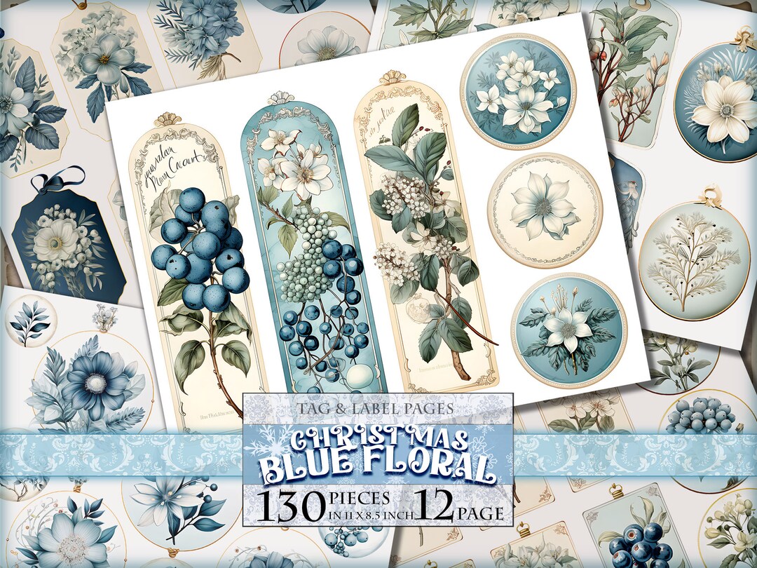Blue Floral Tags, Labels, ATC, Watercolor Junk Journal Embellishments ...