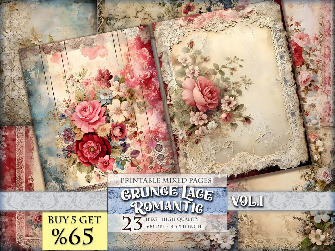 Grunge Lace Romantic Mixed Pages Vol.01, Watercolor Scrapbook Collage ...