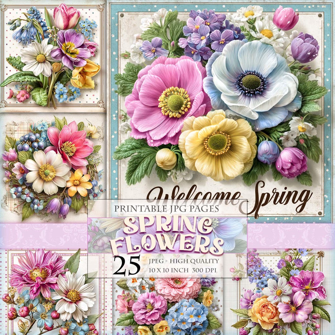 Spring Flowers Clipart Set, Printable 25 JPG Image, Rustic Wildflower ...