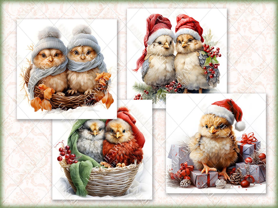 Christmas Chicks, Cute Chickens, Watercolor Printable Pages, Digital ...