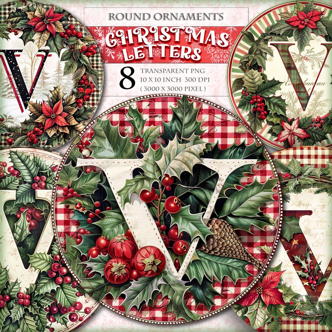 Christmas Letters V Watercolor Clipart Bundle 8 HQ PNG Printable Door ...