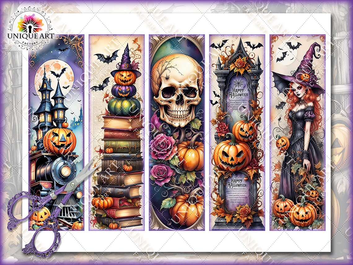 Halloween Witches Bookmarks, Watercolor Digital Image, 2x7 Inch 20 ...