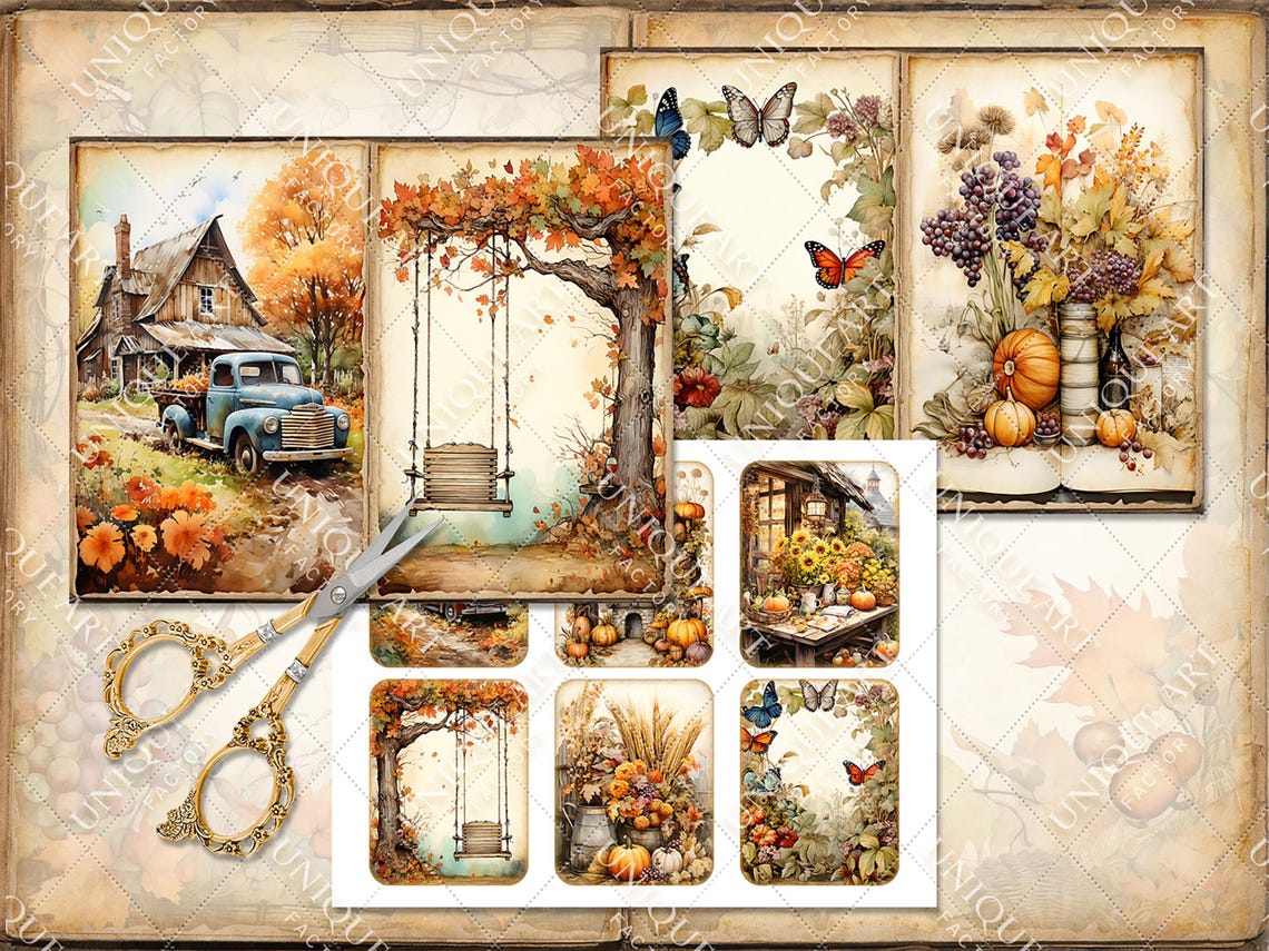 Autumn Views Vol.01, Fall Landscape Watercolor Junk Journal Kit, 16 JPG ...