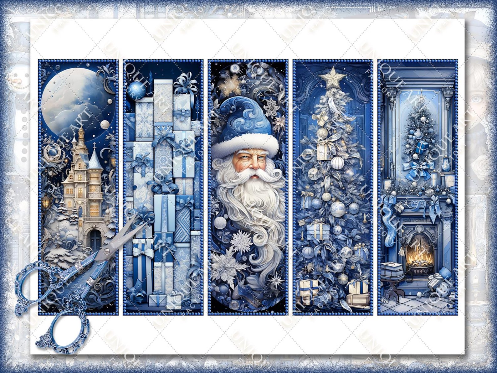 Dark Blue Bookmarks, Vintage Noel, Watercolor Digital Sheets, 2x6,5 ...
