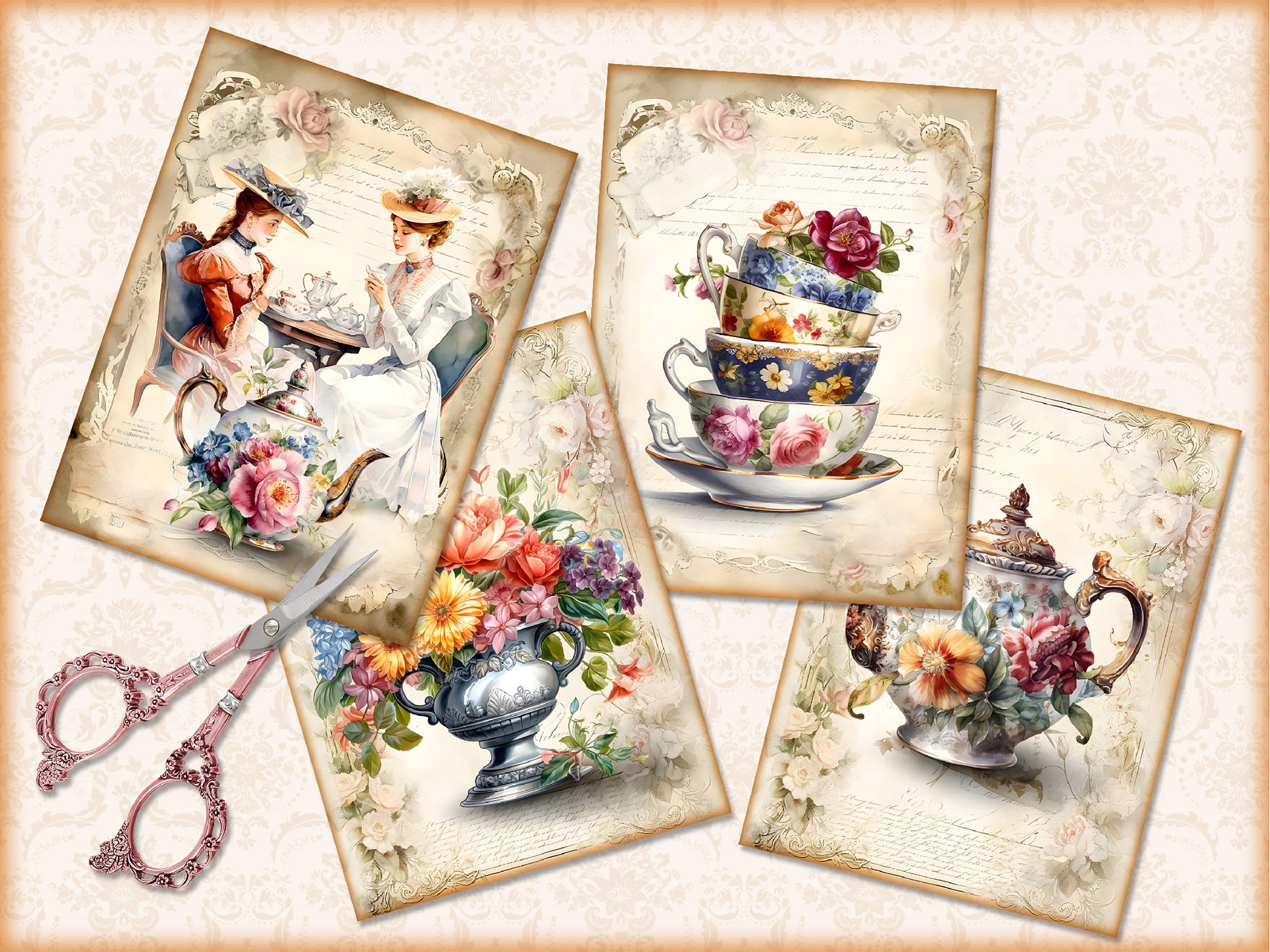 Vintage Floral Tea Set Themed Junk Journal Pages, Printable 14 JPG ...