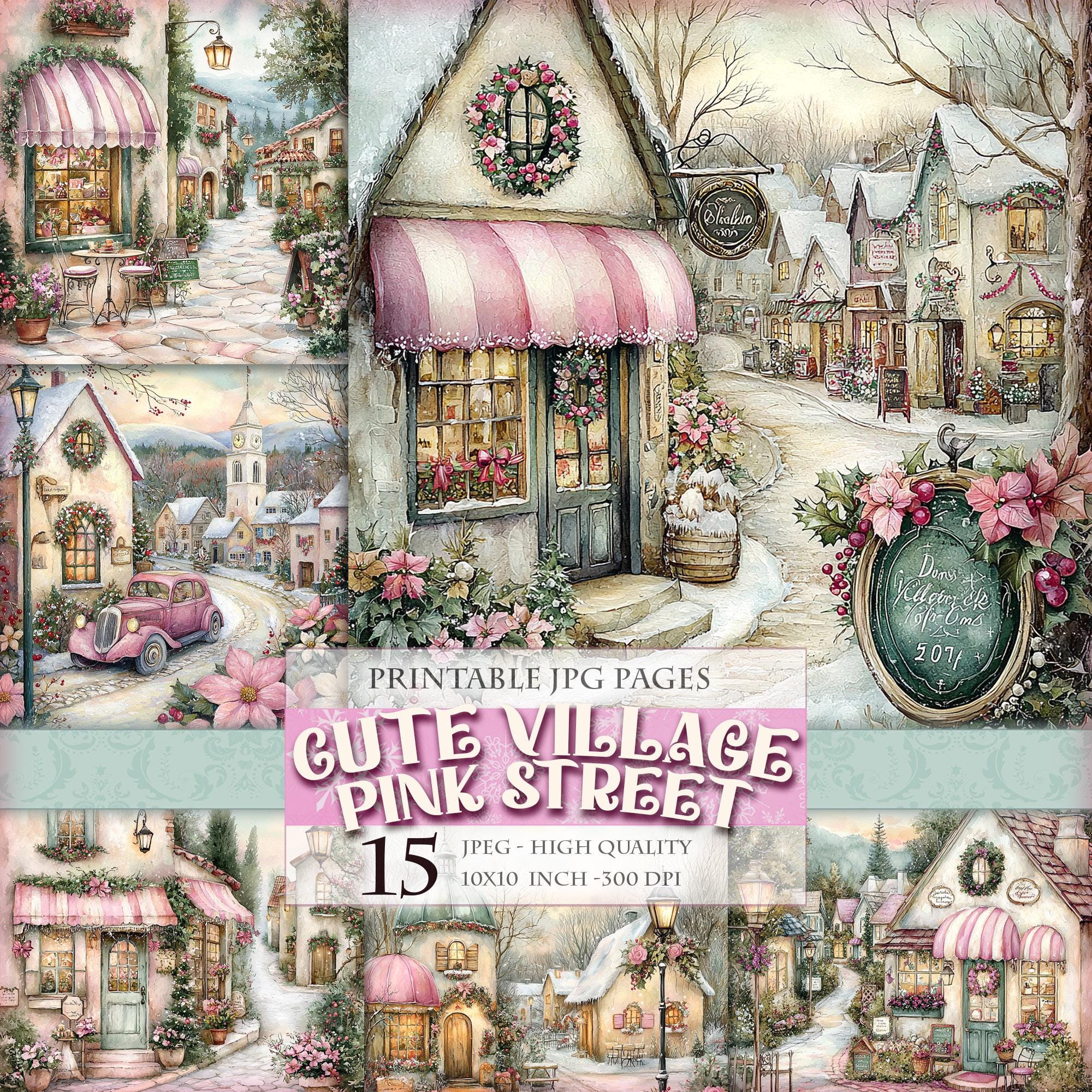 Cute Village Pink Street, Printable Digital Images HQ 15 JPG, Scrapbook ...