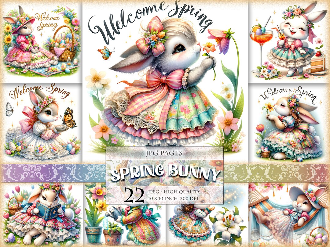 Spring Bunny, Easter Rabbit, Clipart Bundle, 22 HQ Printable Image, JPG ...