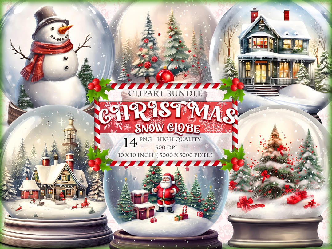 Christmas Snow Globe, Watercolor Clipart Bundle, Printable 12 HQ PNG ...