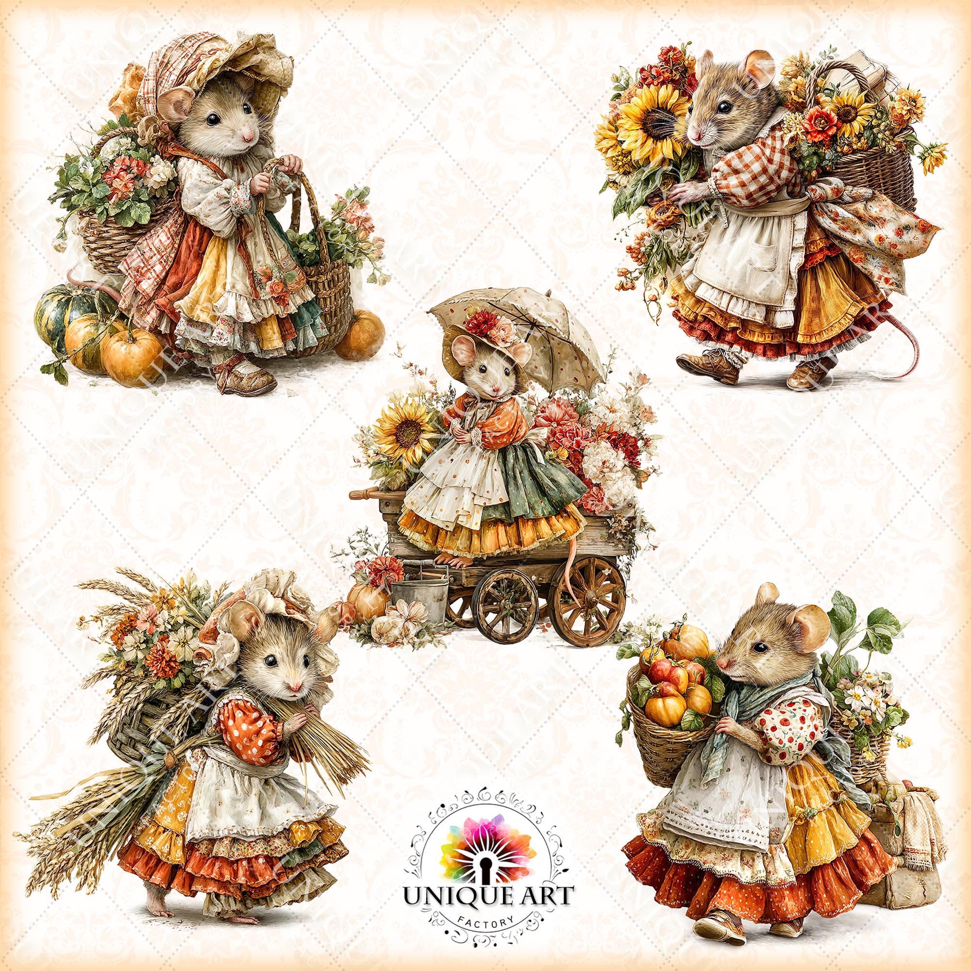 Autumn Harvest Mouse, Victorian Mice, Printable 15 PNG Clipart, Fall ...