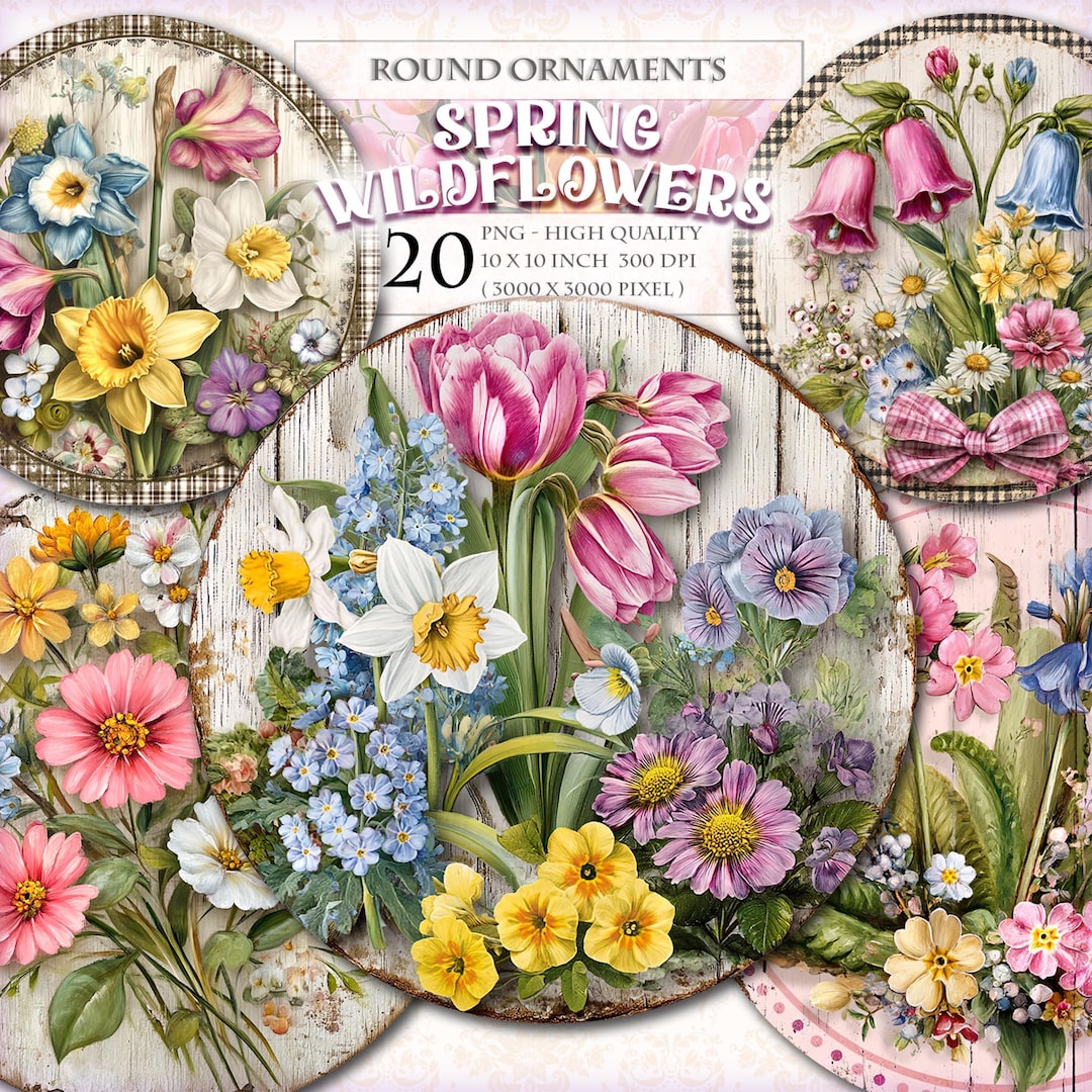 Spring Wildflower Round, Printable 20 PNG Clipart Image, Ornaments Gift ...