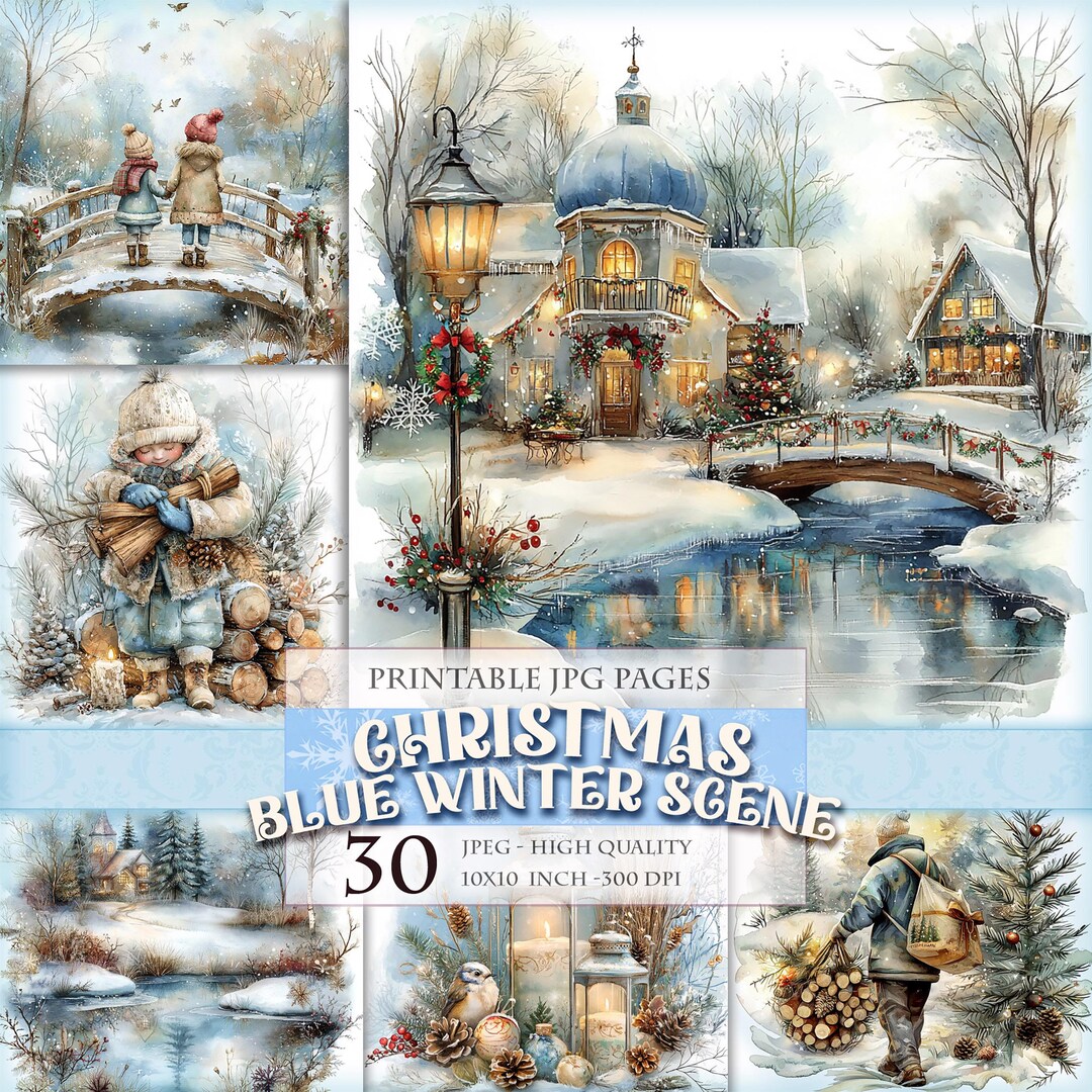Blue Winter Scene Christmas, Printable 30 JPG Digital Images, Clipart ...