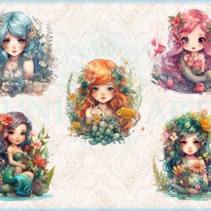 Little Cute Mermaids, Magical Sea Maiden, Princess, Watercolor Clipart ...