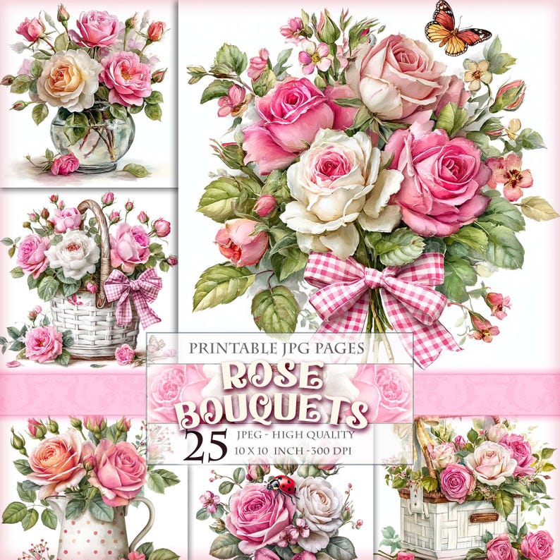 Rose Bouquet Clipart Set, Romantic Floral JPEG Images (digital Download ...