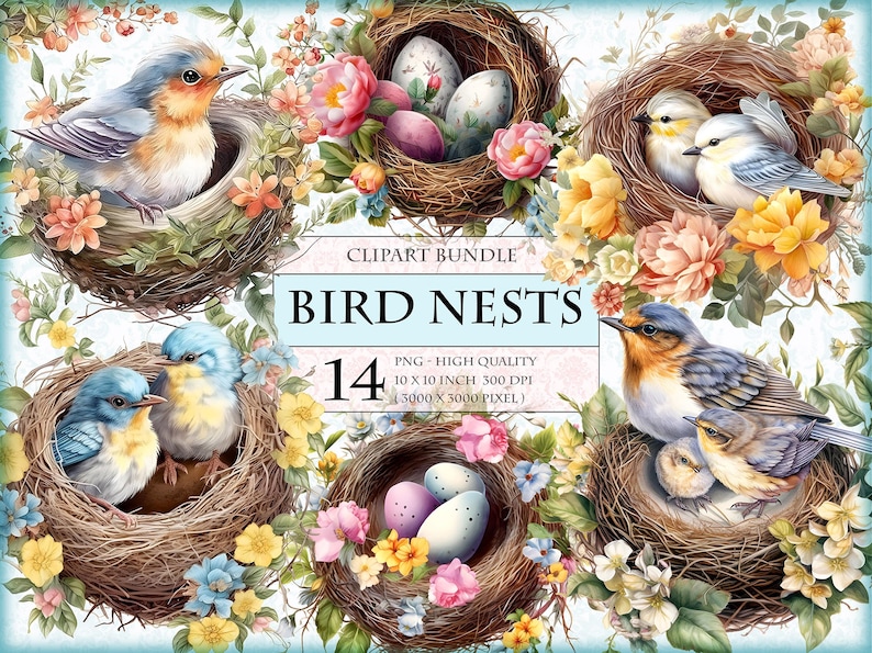 Bird Nests and Flowers - Watercolor Clipart Bundle - 14 HQ Printable ...