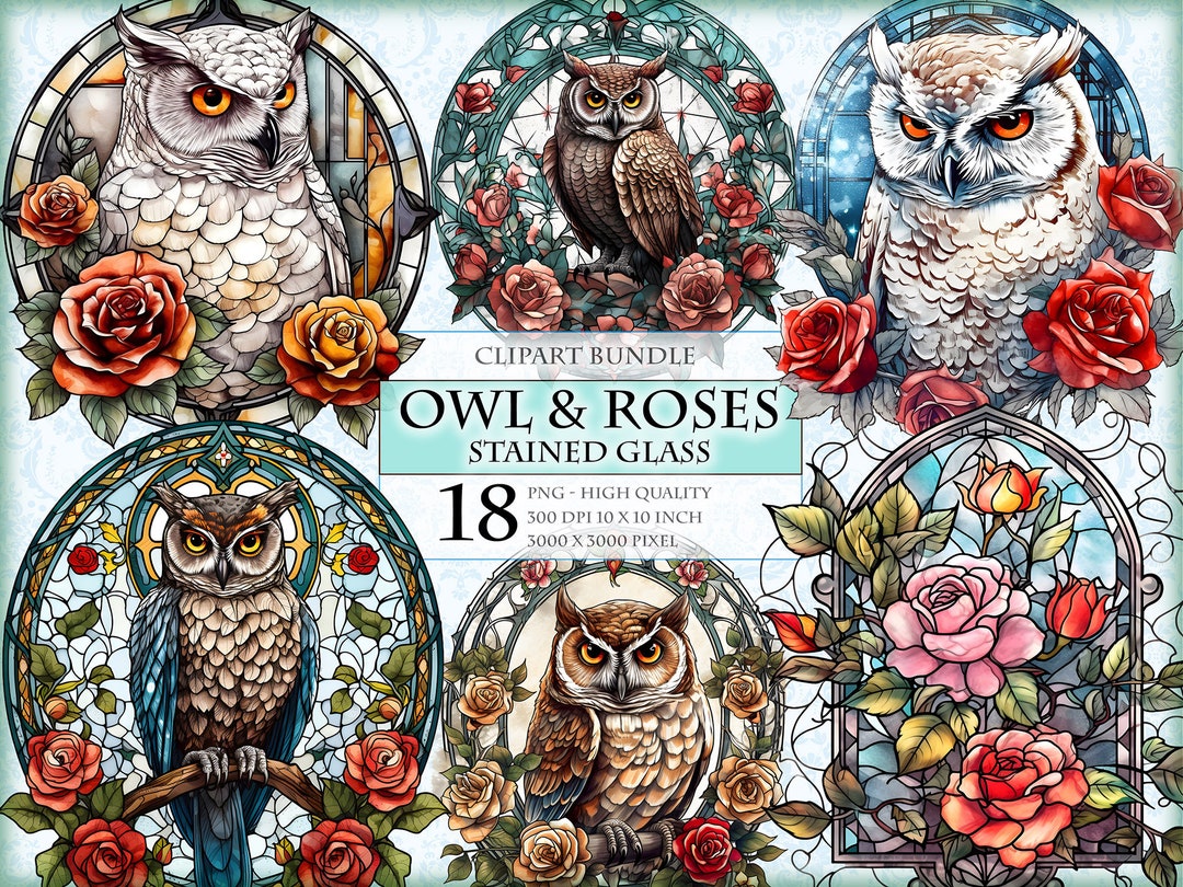 Owl and Roses Stained Glass Watercolor Clipart Bundle HQ Printable PNG ...