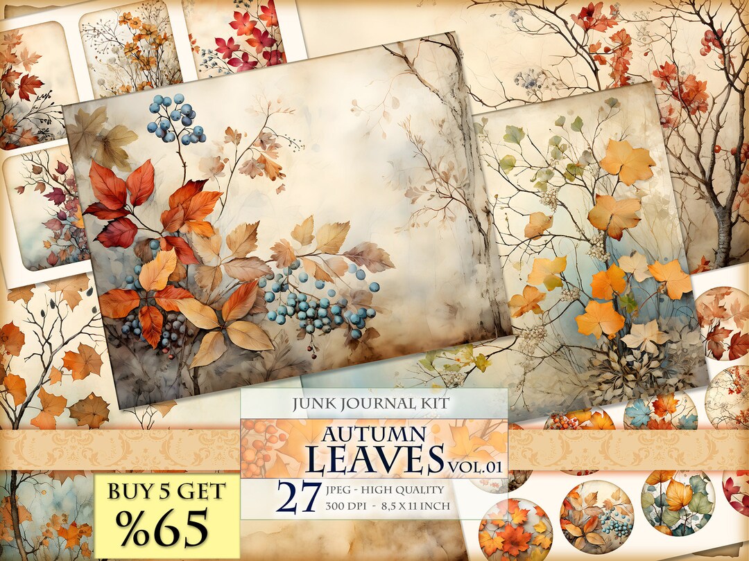Autumn Leaves Vol.01 Watercolor Junk Journal Kit, 27 JPG 11X8,5 Inch ...