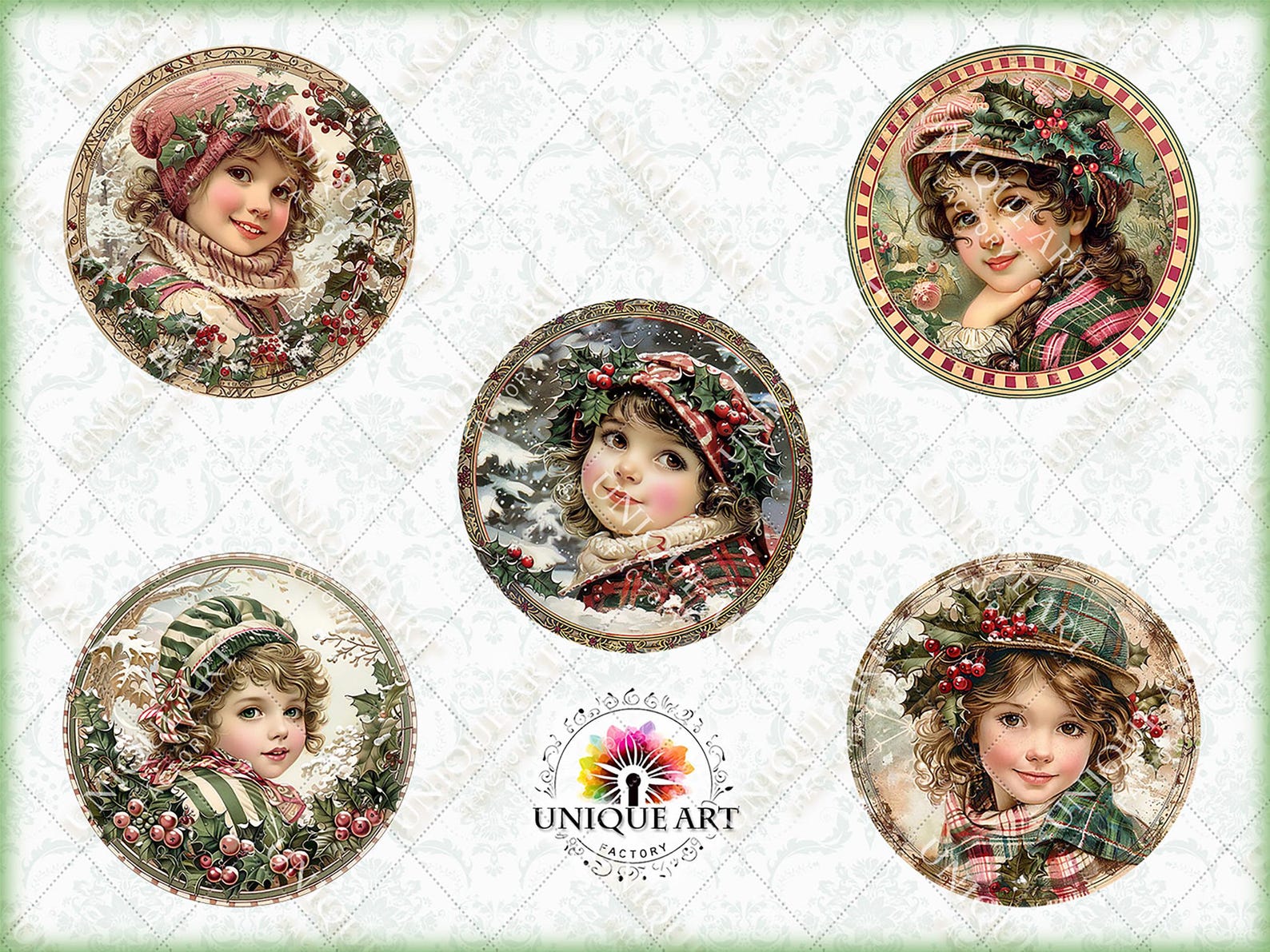 Christmas Cute Girls Round Ornaments, Watercolor Clipart Bundle, 15 HQ ...