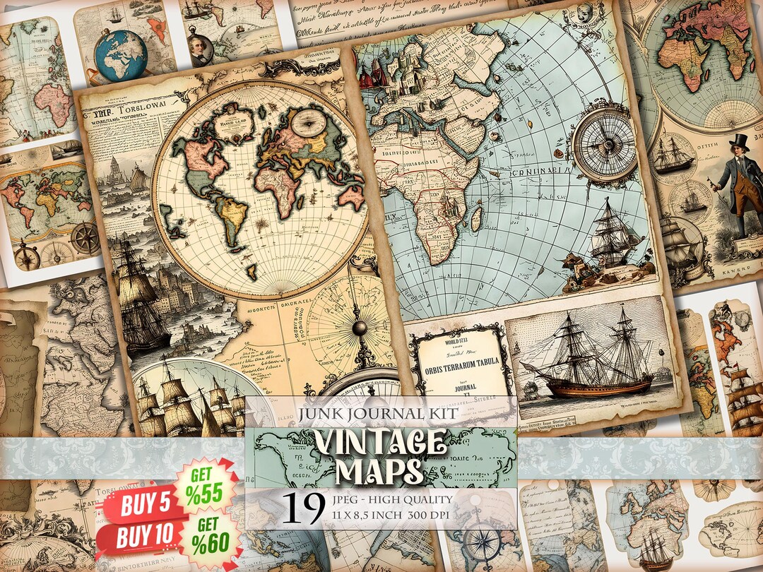 Vintage Maps, Watercolor Junk Journal Kit, Printable Double Pages 19 ...