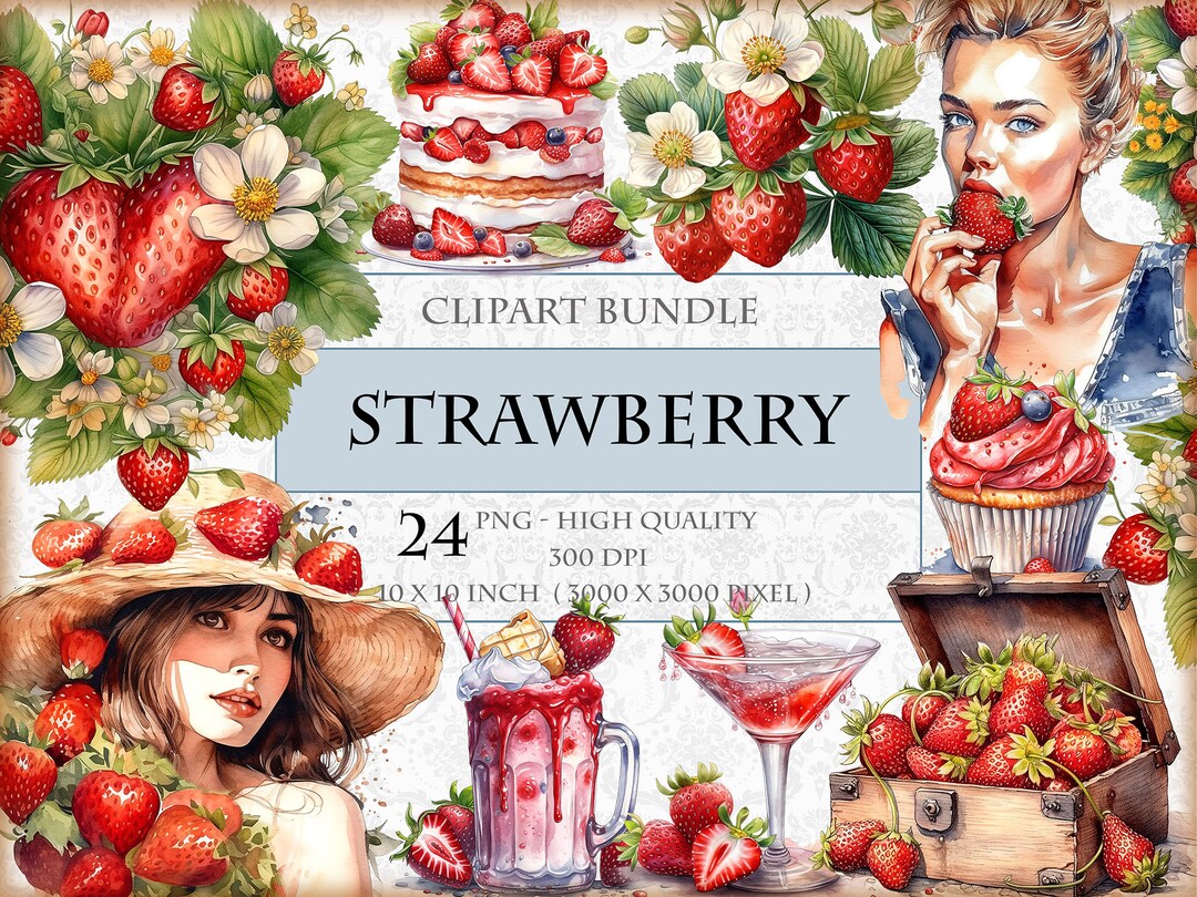 Strawberry Watercolor Clipart Bundle HQ Printable PNG - Etsy