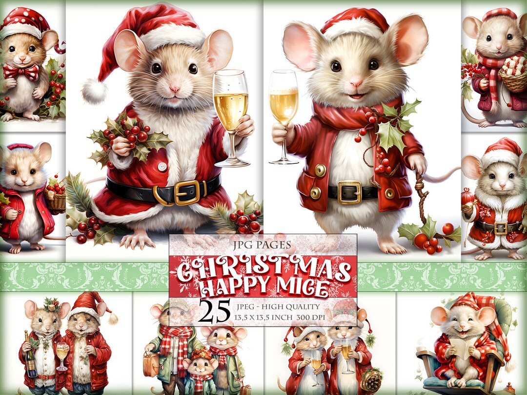 Christmas Happy Mice, Cute Mouse, Watercolor Printable Pages, Digital ...