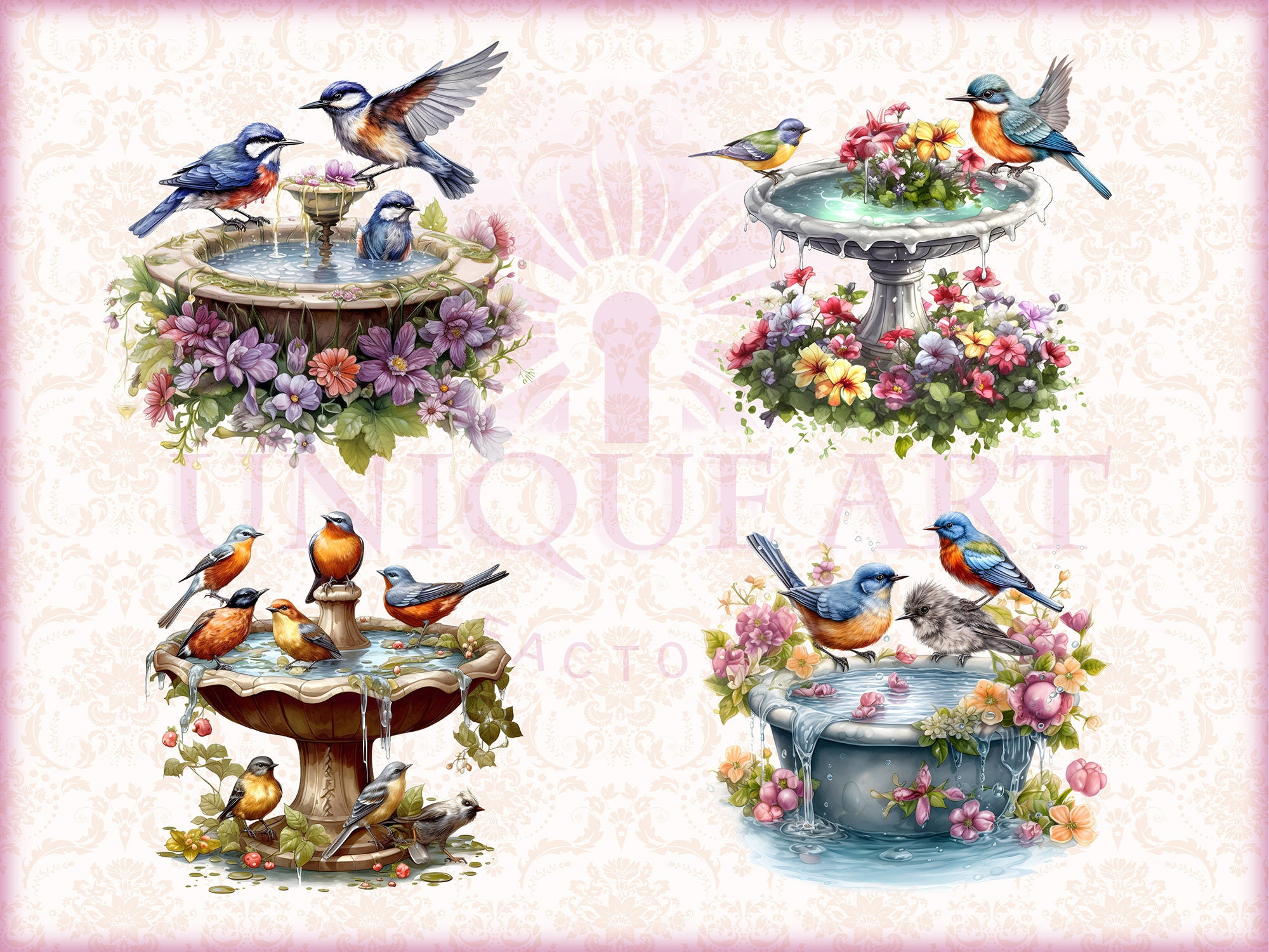 Bird Baths Watercolor Clipart Bundle HQ Printable PNG - Etsy