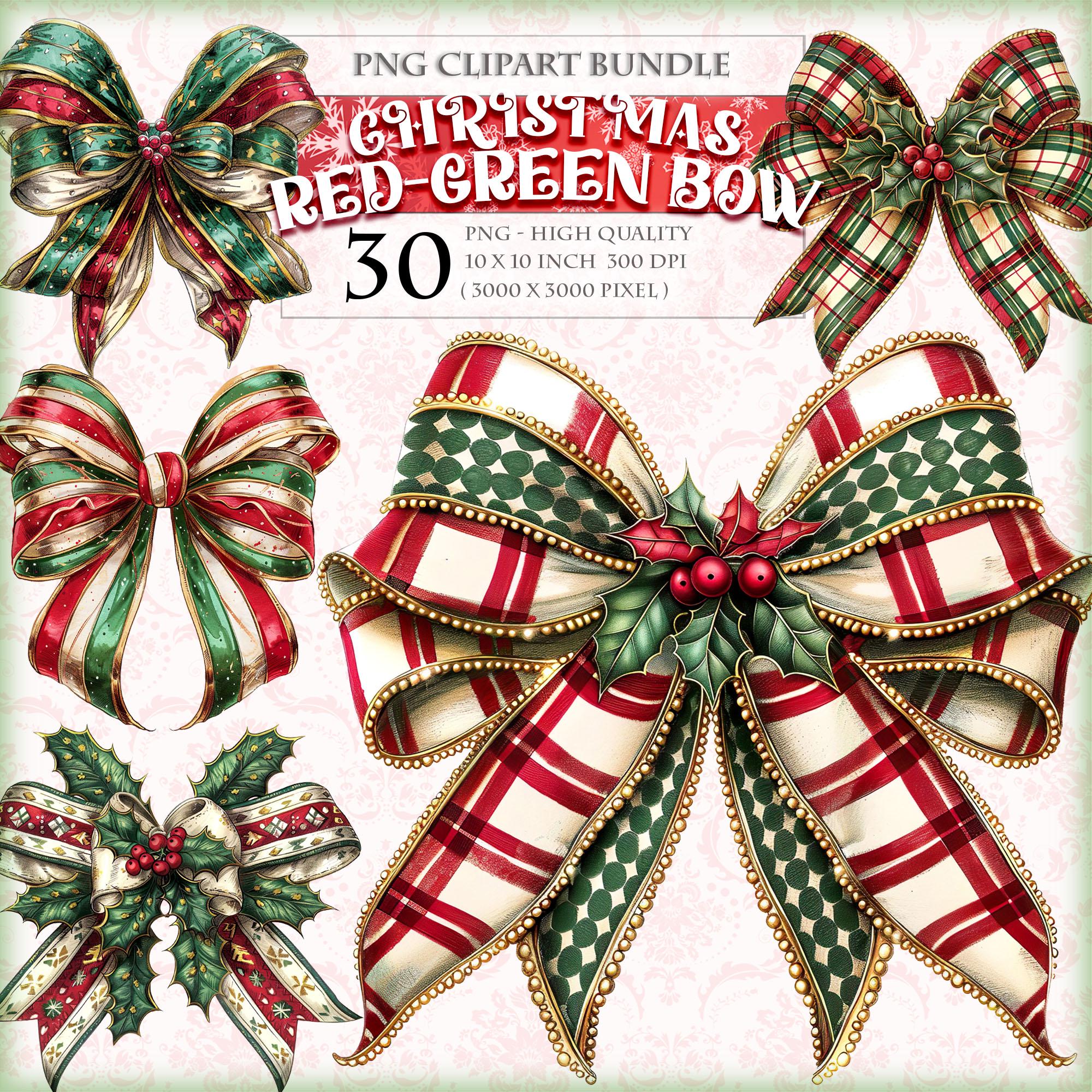 Christmas Red-green Ribbon Bow, Printable 30 HQ PNG Clipart Bundle ...